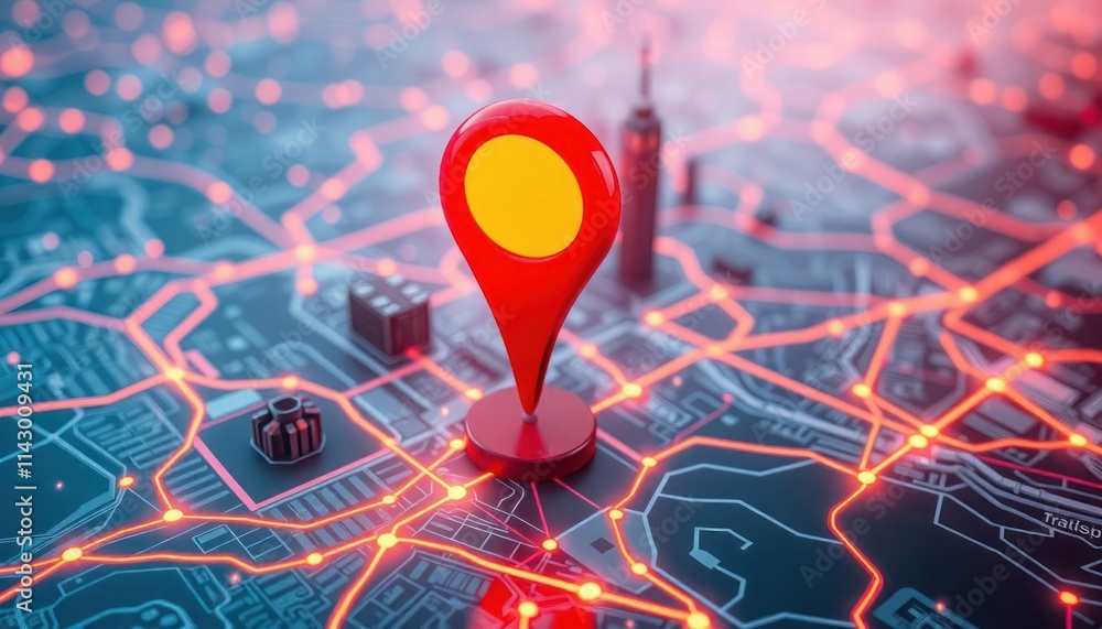 Futuristic map with glowing red pin. Tech location pin highlights ...