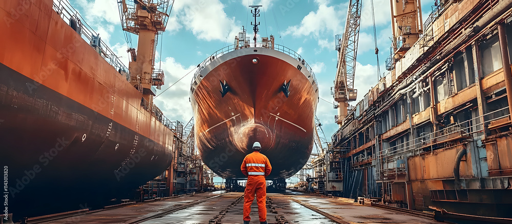 A shipyard worker inspects a large vessel in a dry dock, surrounded by ...