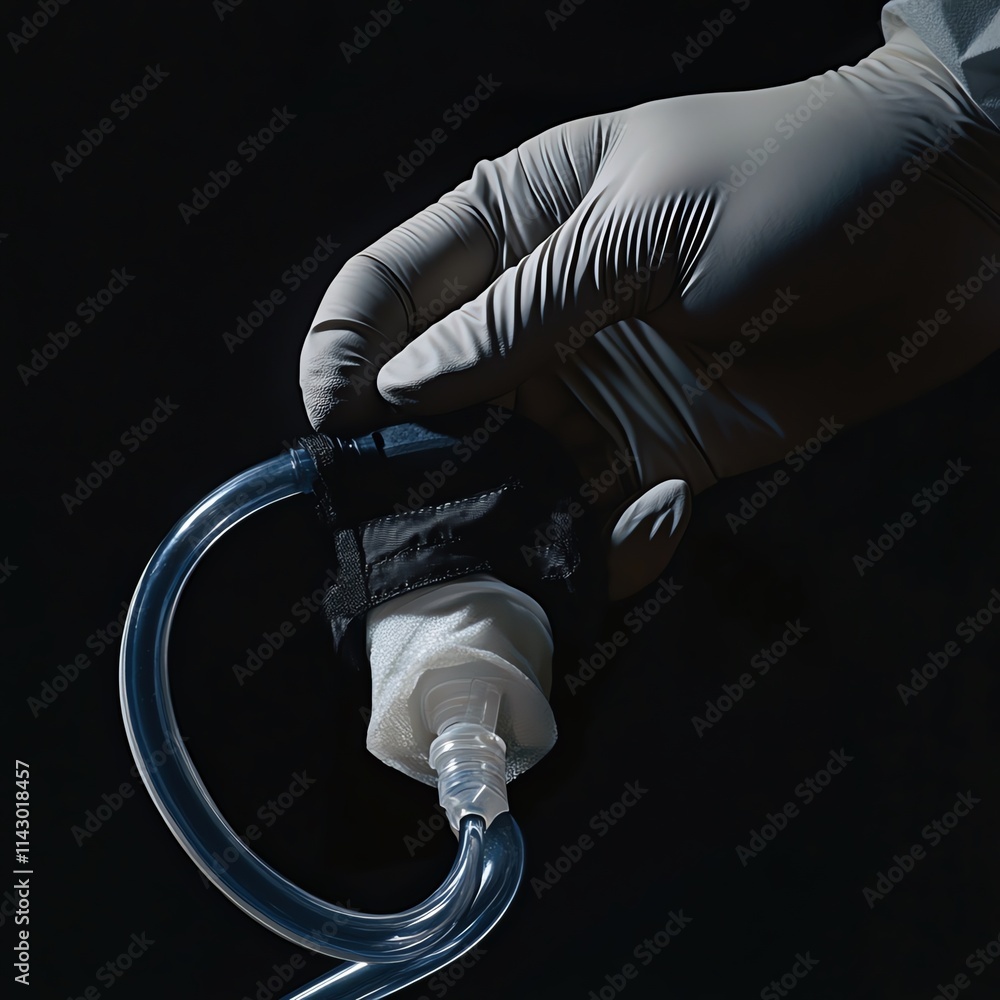 Detailed shot of a gloved hand preparing an anesthesia mask, focusing ...