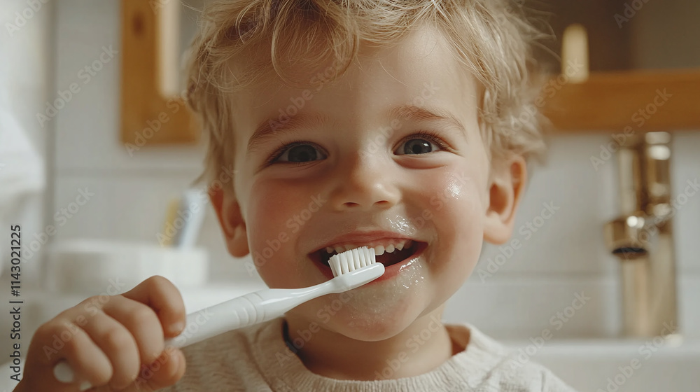 Portrait of happy smiling little boy brushing or washing his teeth with ...
