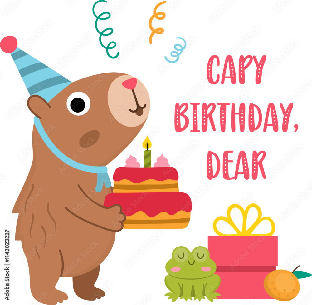 Vector Birthday capybara square card template. Cute capibara in cone ...