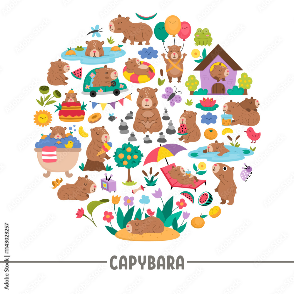 Vector capybara round frame with funny relaxed animals, frog ...