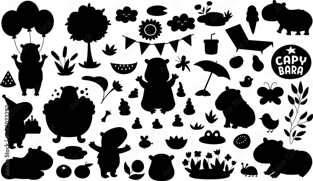 Big vector capybara silhouettes set. Cute shadow capibara animals ...