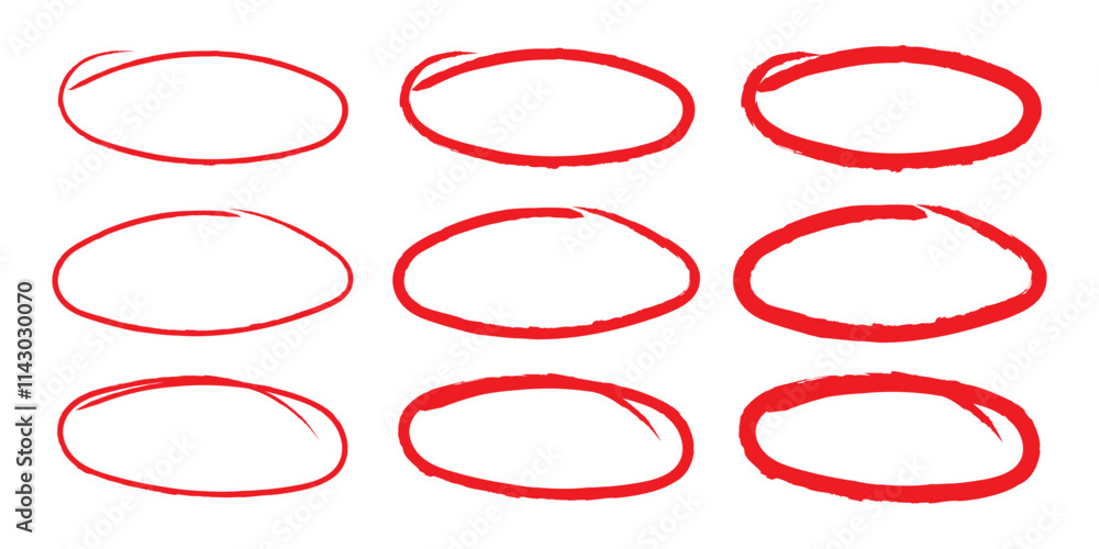 Red circle, pen draw set. Highlight hand drawn circle isolated on ...