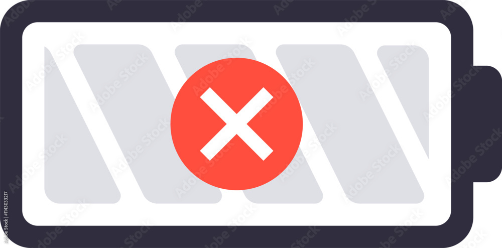 Empty battery icon with red cross sign indicating low power ...
