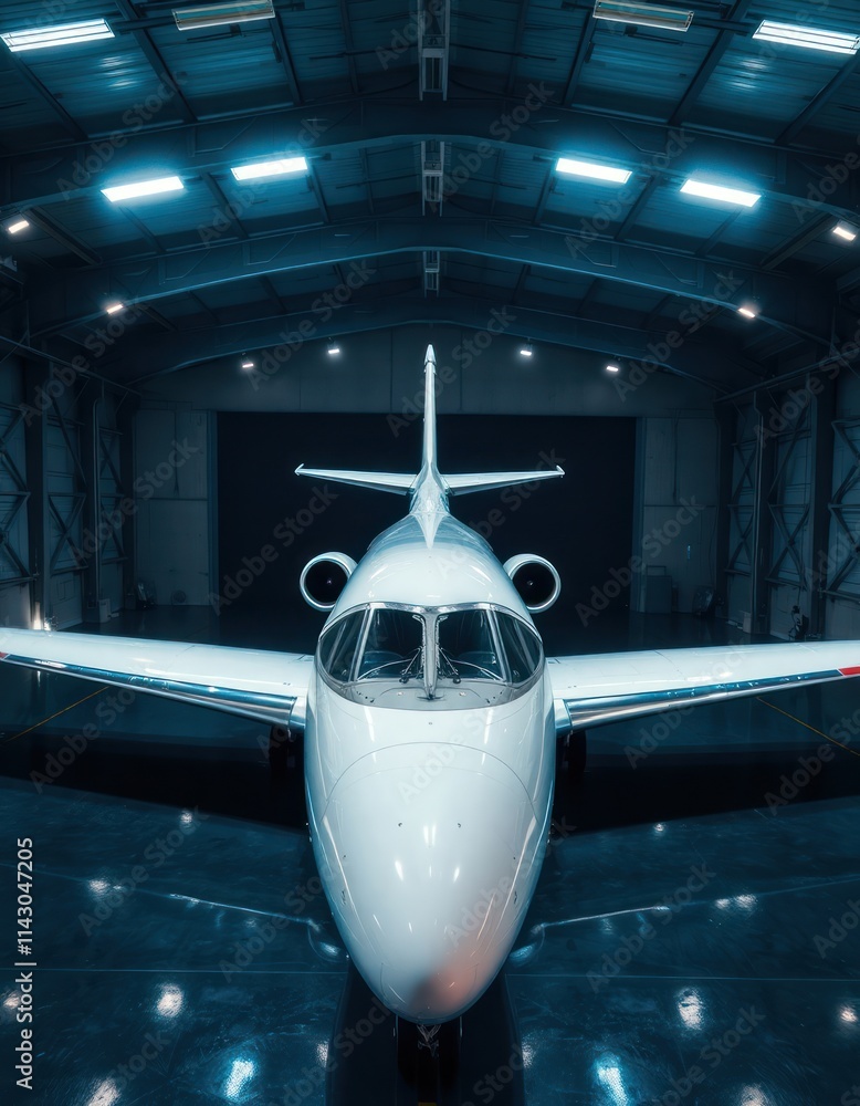 Sleek white jet aircraft positioned in modern hangar. Bright artificial ...