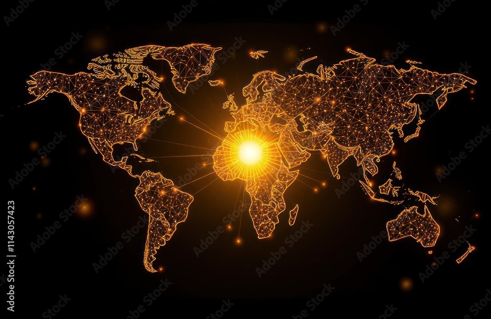 Global network map visualization on glowing display. World map with bright glowing lines ...