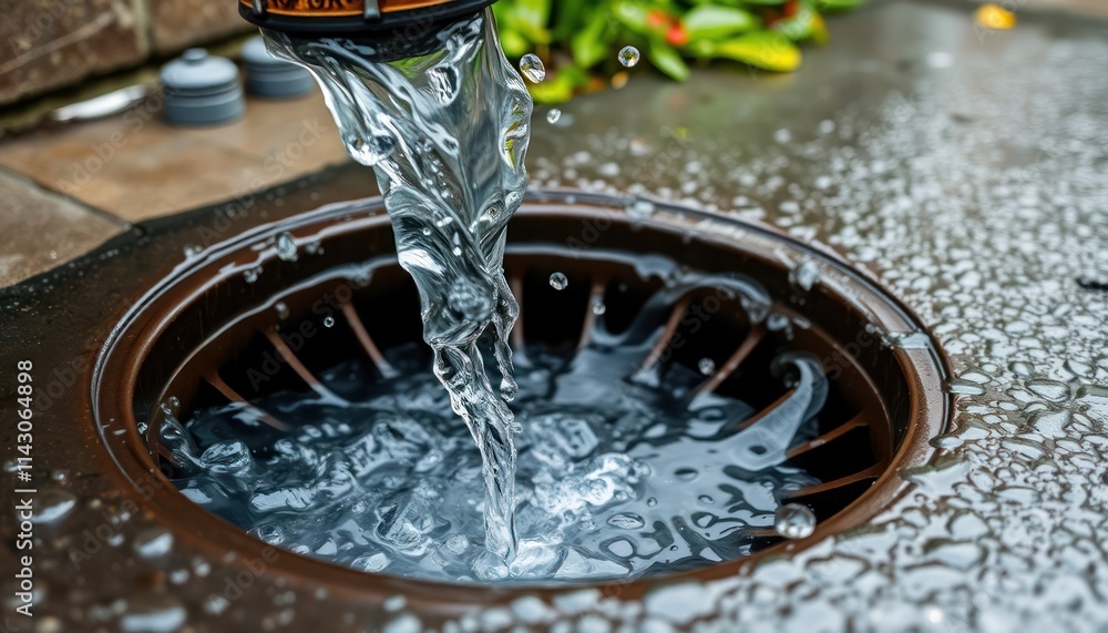 Rainwater flows from downpipe into city storm drain. Urban ...