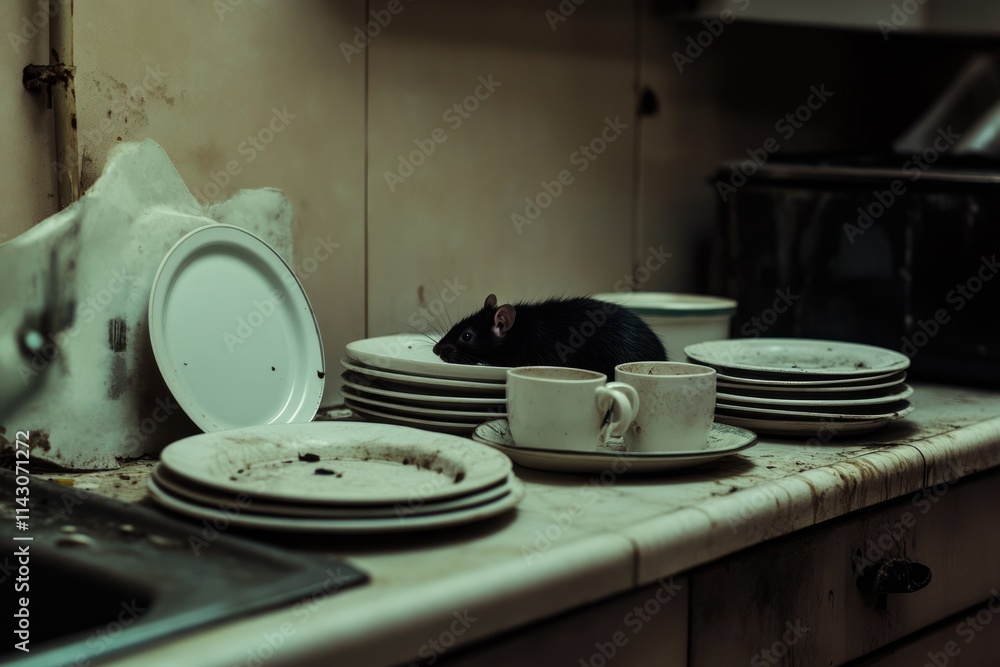 Confronting Vermin: Black Rats Amongst Untidy Dishes in a Kitchen ...
