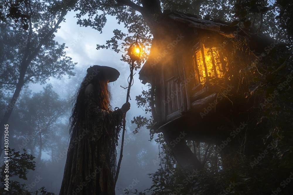 Baba Yaga witch, side profile, holding her staff, standing by her tree ...