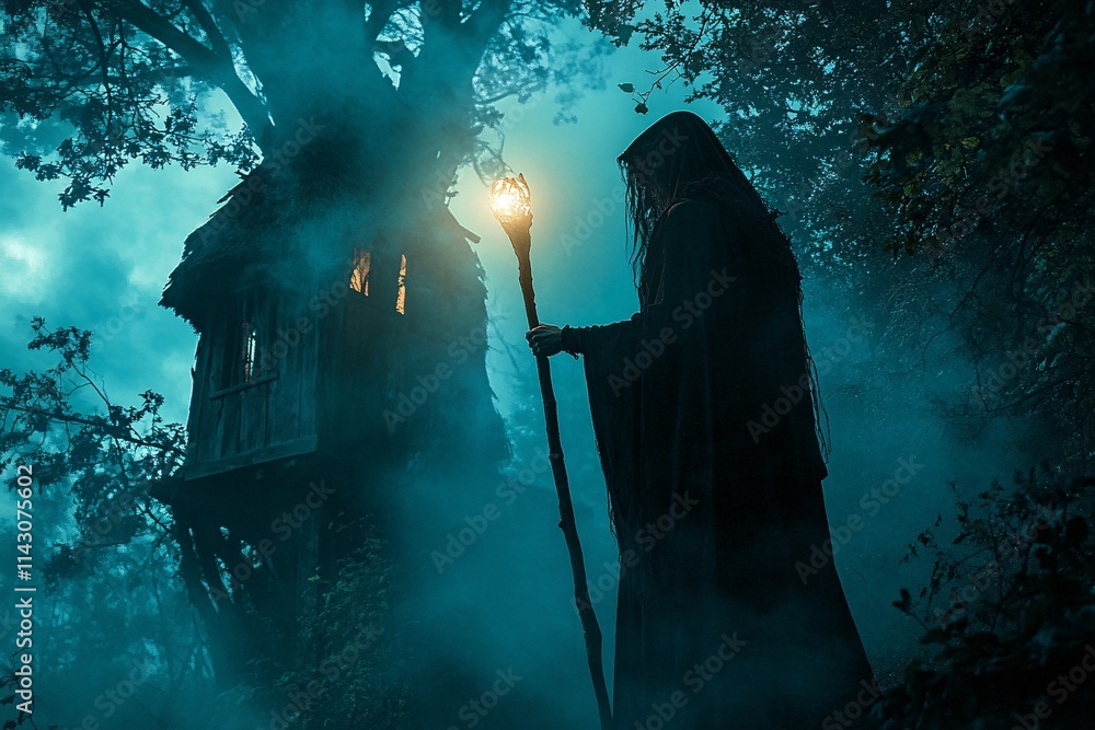 Baba Yaga witch holding a glowing staff, side view, next to a dark tree ...