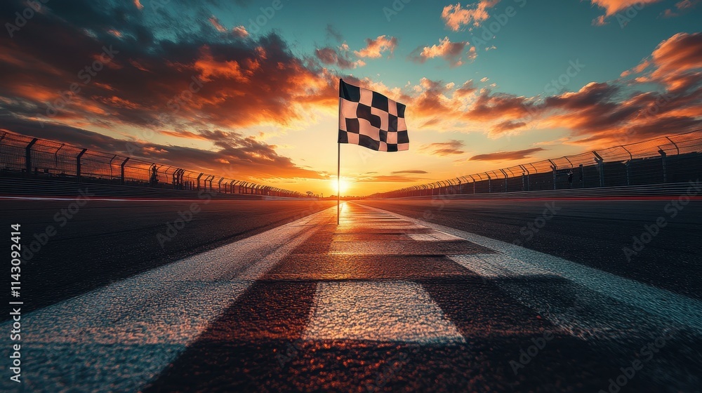 Finish flag waving triumphantly at the end of a racetrack, with a ...