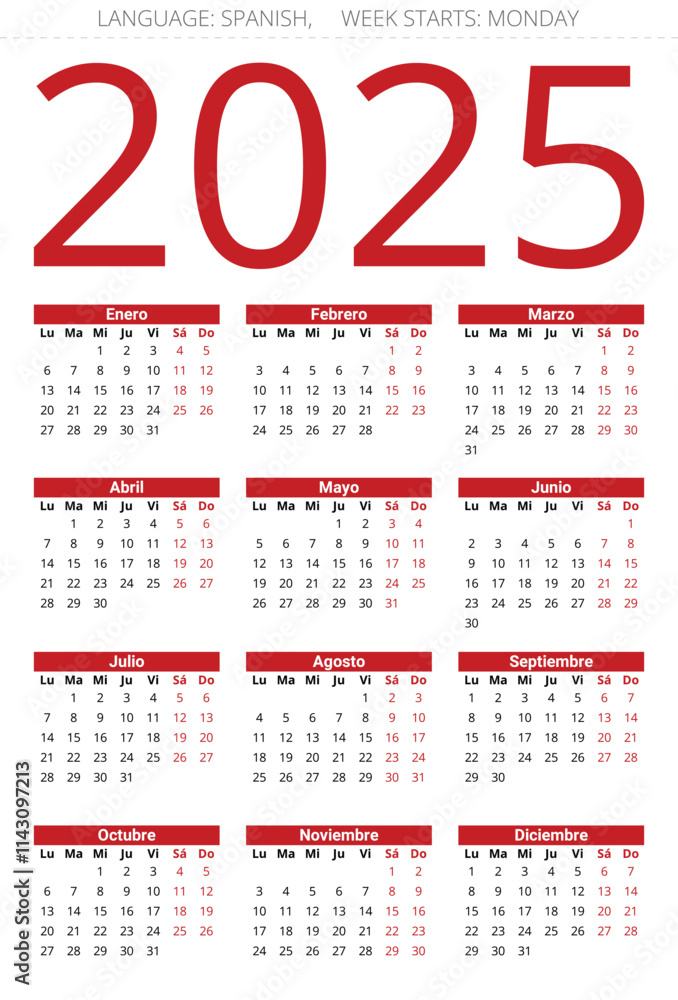 Spanish 2025 year calendar. Vector illustration Spain Stock Vector ...