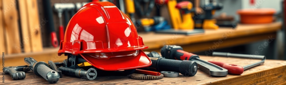 Safety helmet sits on workbench surrounded by tools. Illustrates ...