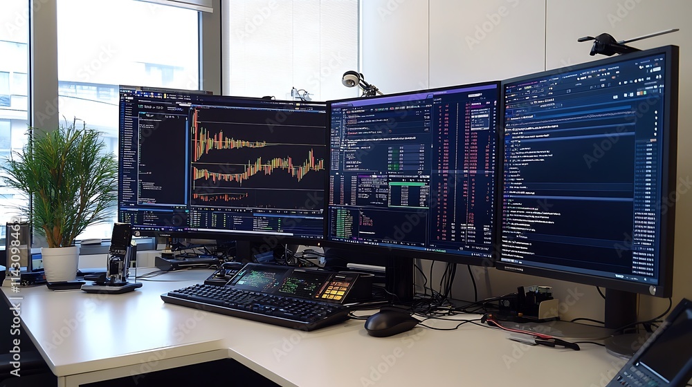 Modern office desk with triple monitor setup displaying stock market ...