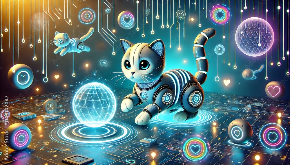 Create playful futuristic kitten with robotic features, glowing LED ...