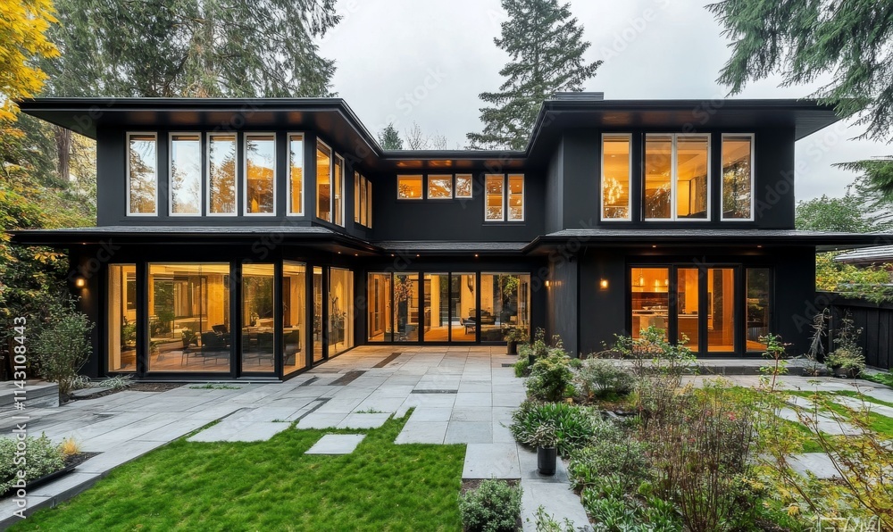 Modern two-story villa with a Chinese-inspired style, featuring black exterior walls, white ...