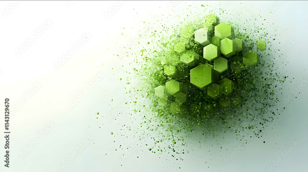 one single hexagon filled with flowing particels clean white background ...