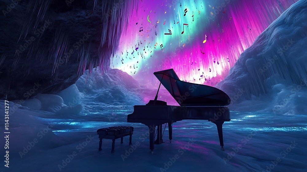 Grand Piano in a Magical Ice Cave with Falling Musical Notes Stock ...