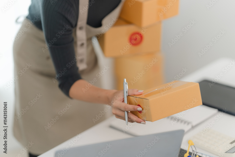 Busy Small Business Owner: A female entrepreneur works diligently in ...