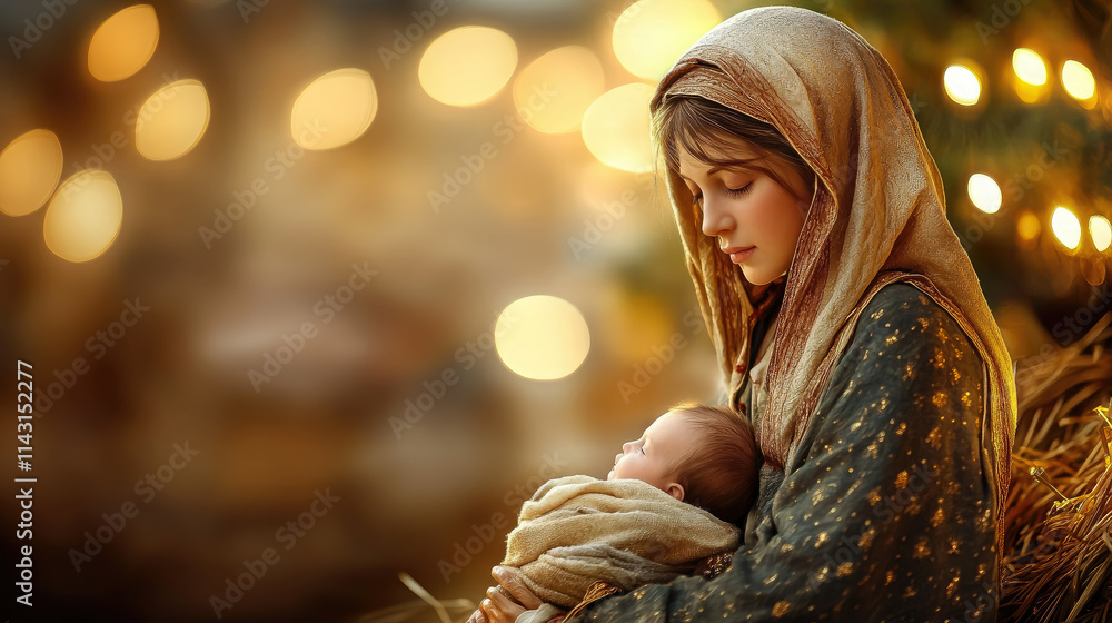 Virgin Mary stands at the manger with baby Jesus, Mother of God ...
