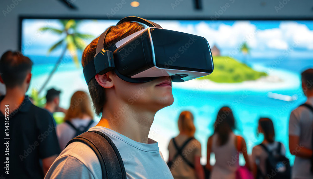VR tech experience exotic destination. Young person wears VR headset. Immersive virtual tropical ...