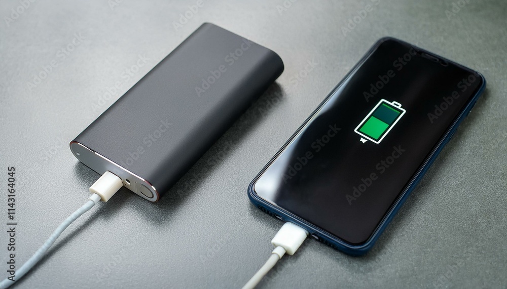 Auxiliary battery charging a fully discharged smartphone Stock Photo ...