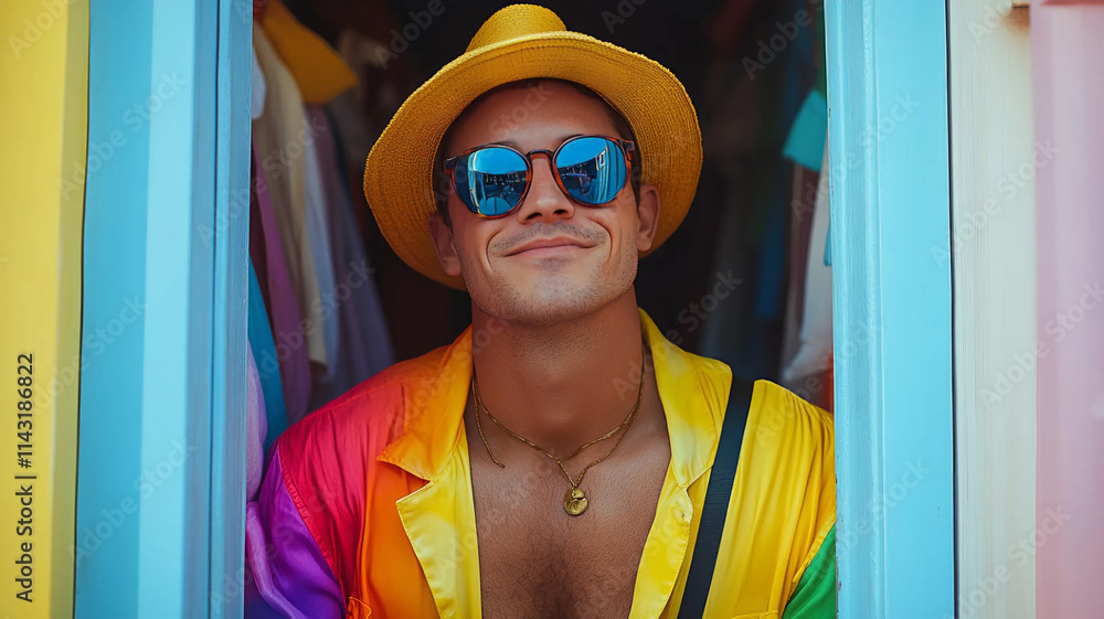 Foto de Stock Hombre trans junto a los colores de la bandera LGTB que ...