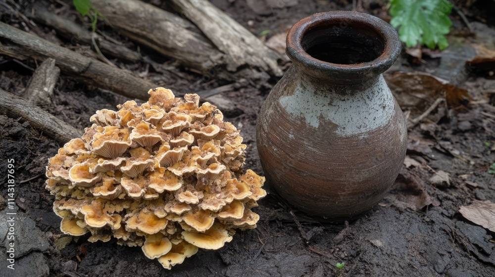 Mature Honey Fungus Cluster by Ceramic Chimney Pot in Ancient Woodland ...