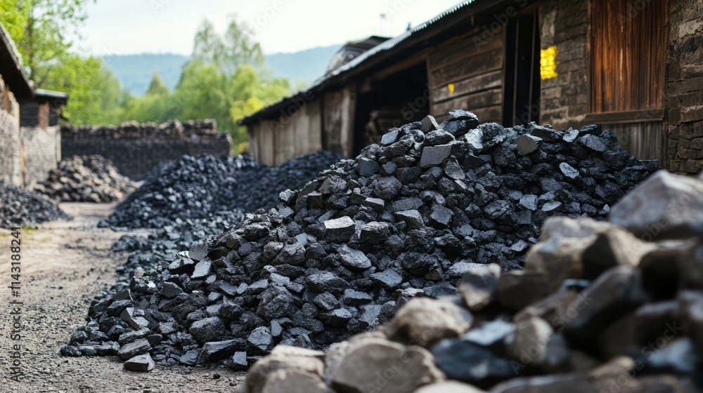 Coal storage yard with large piles of black coal and stones surrounded ...