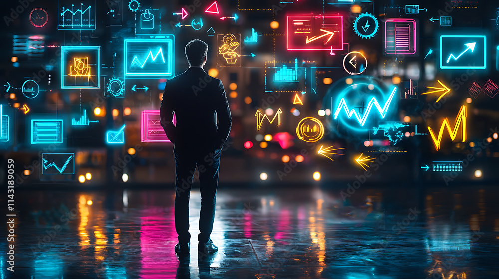 businessman stands in front of glowing data visualizations ...