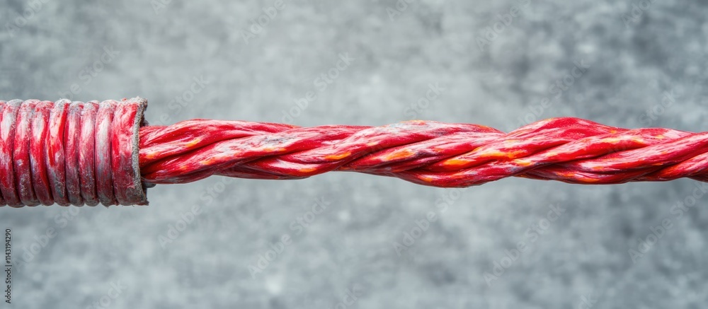 Inflamed red electrical wire against grey background highlighting short ...
