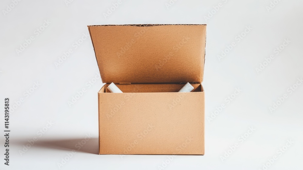 Cigarettes in an open cardboard box on a plain white background ...