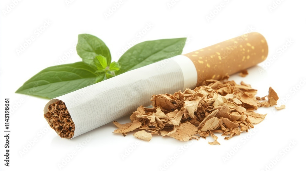 Cigarette with tobacco leaves and shavings on white background ...