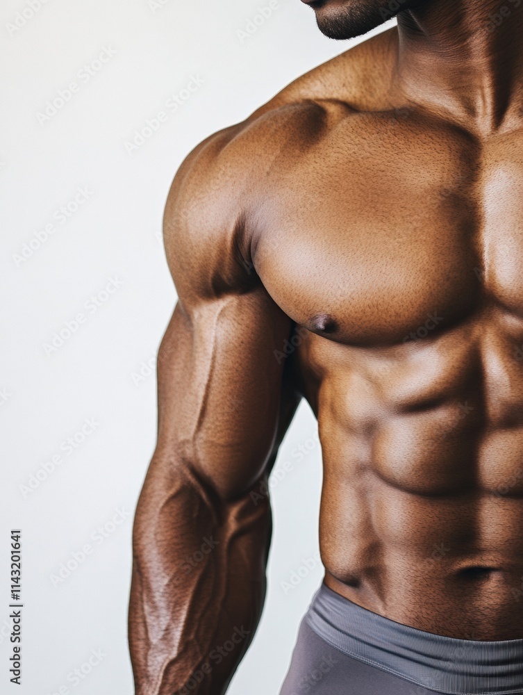 Muscular Black athlete displaying chiseled physique, revealing intense ...
