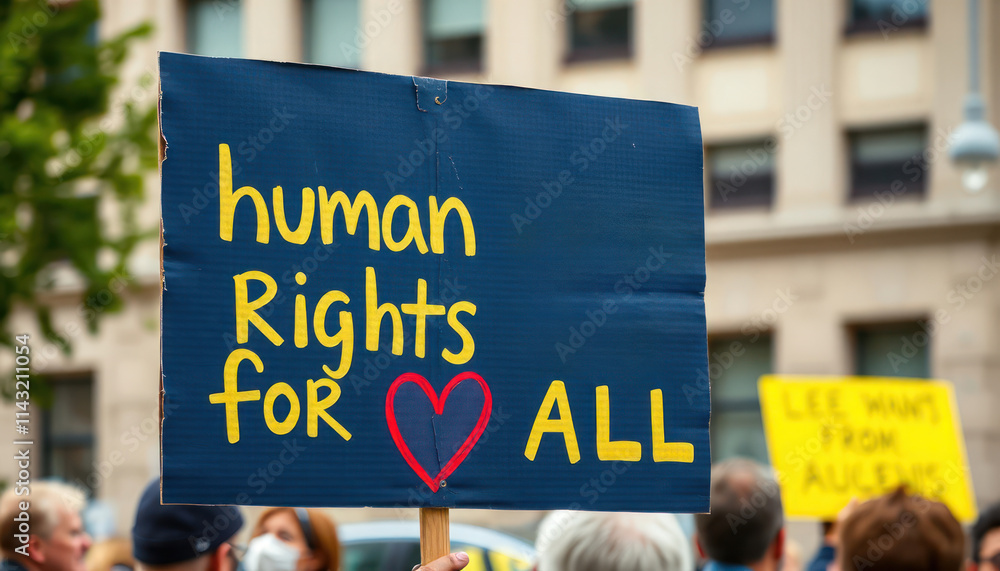 Protest sign reads Human Rights for. People hold signs during ...