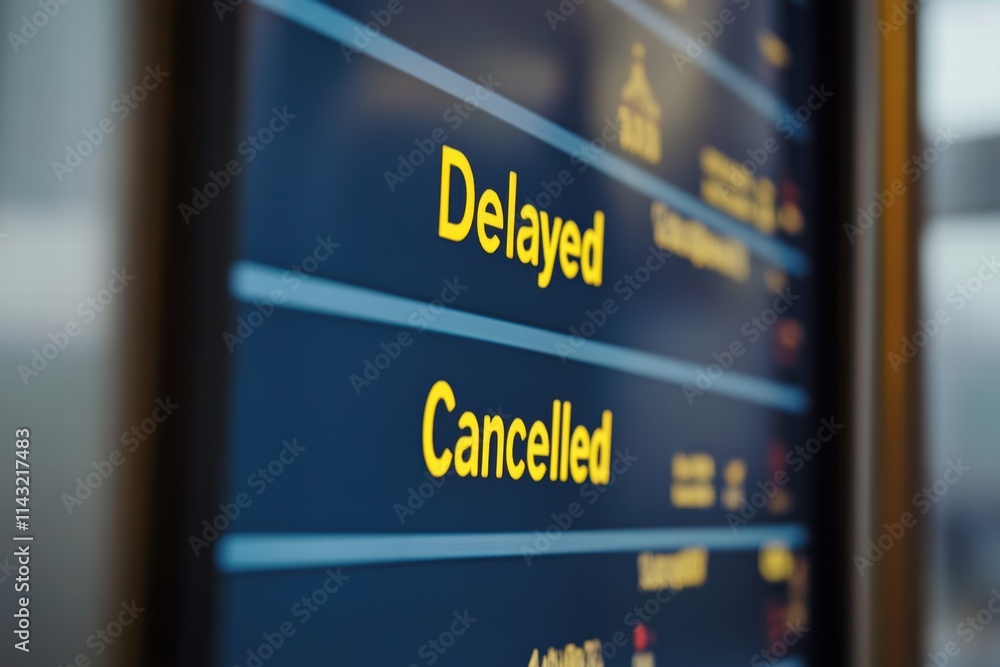 Flight status board displays delayed and cancelled flights at an ...