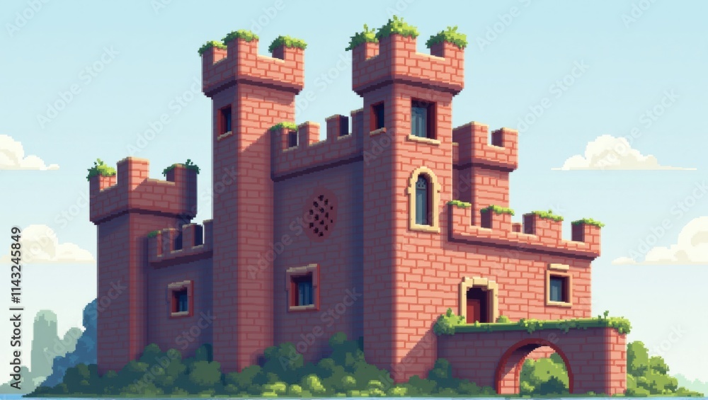 A pixel art medieval castle with tall towers, arched gates, and brick ...