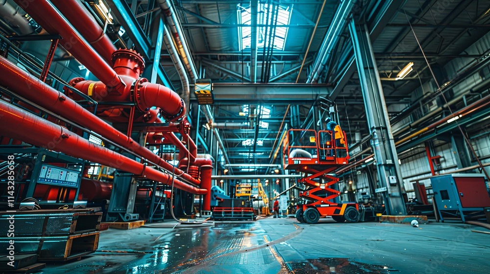 Industrial Facility Interior with Red Piping and Elevated Work Platform ...