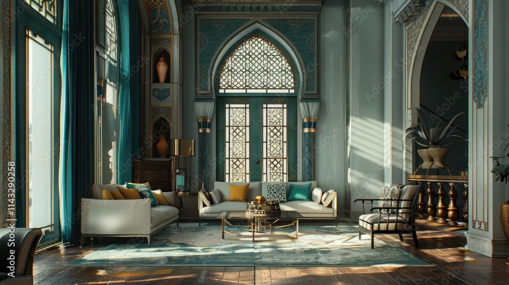Arabic,Islamic style living room interior design with arch and arabic ...