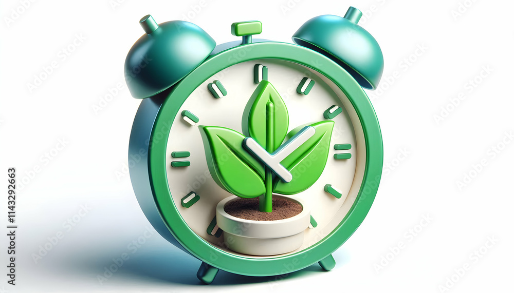 3D Clock with green growth symbol concept as A close up of a clock with ...