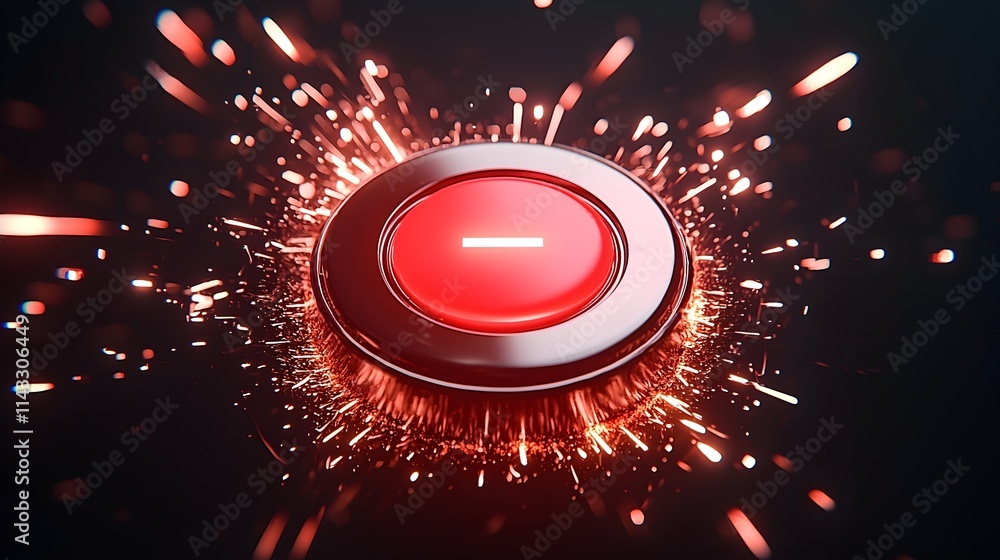 Red shutdown button, illuminated by intense sparks, urgent power ...
