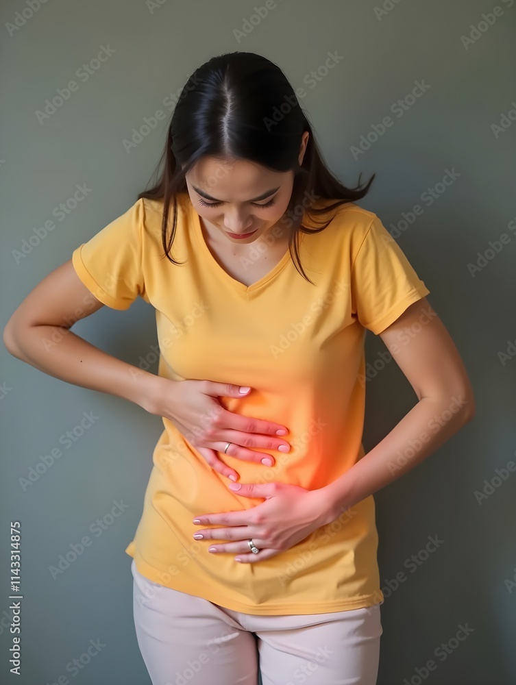stomach ache. Asian women have abdominal pain, indigestion, gastritis, menstrual cramps ...