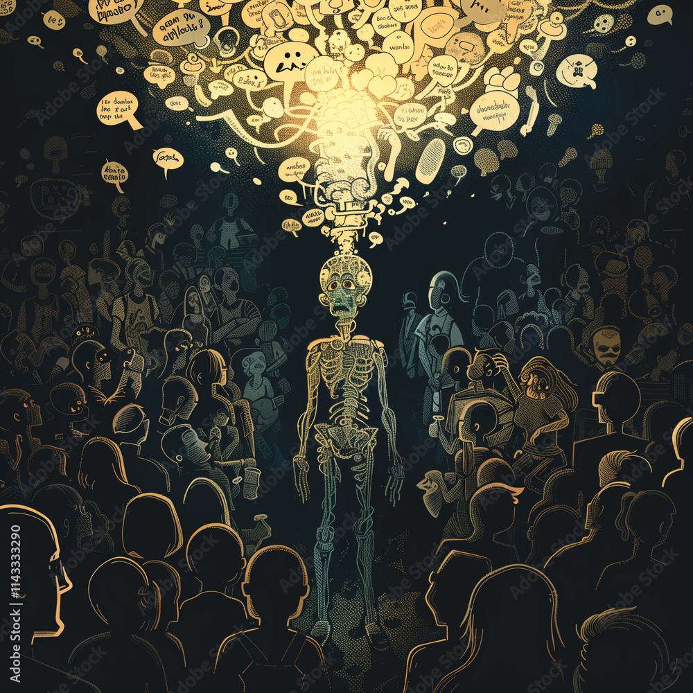 A cartoon embodiment of social anxiety, a humanoid figure made of ...