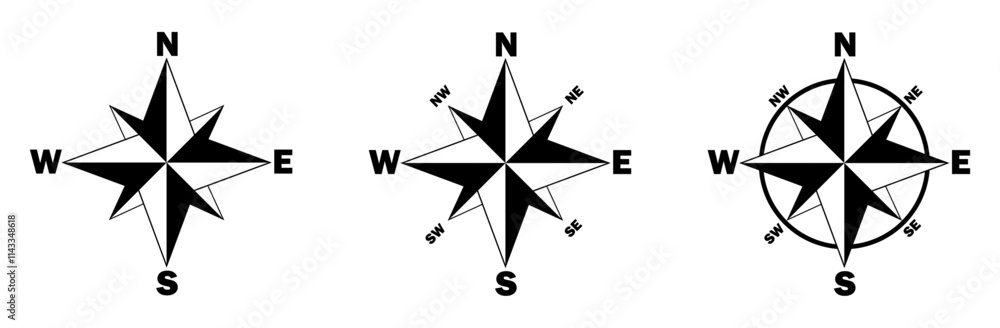 Compass icons set of four cardinal directions. North, South, West, East ...