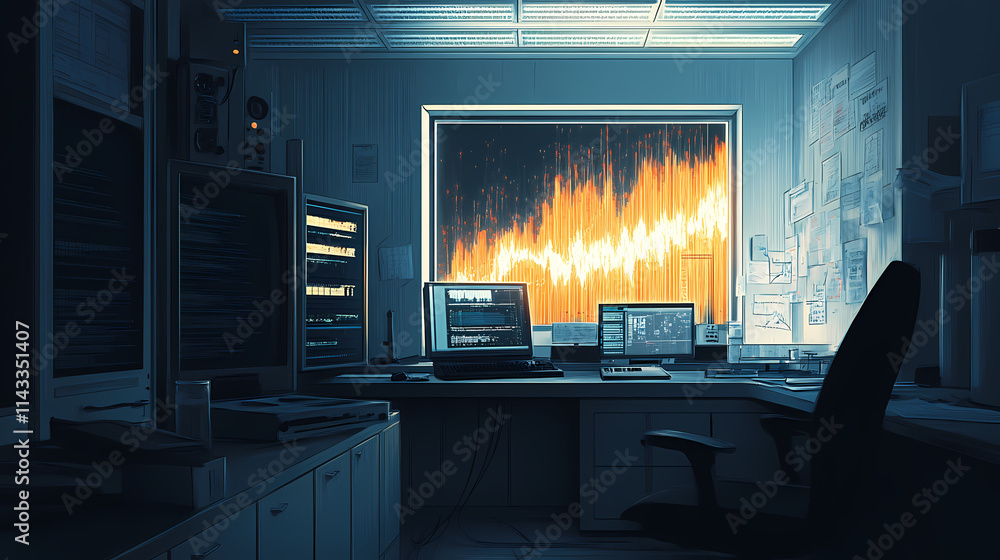 A modern seismograph set in a dimly lit laboratory, with sharp, precise ...