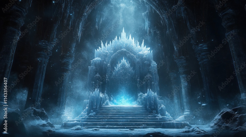 Majestic Ice Throne Surrounded by Frozen Pillars with Ethereal Blue ...