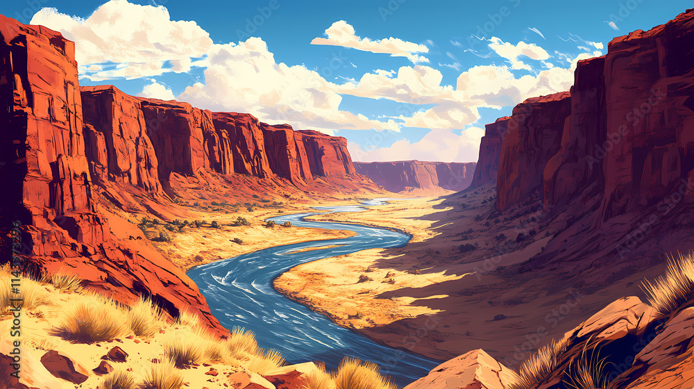 Crested canyon with towering red rock cliffs and a gentle river winding ...