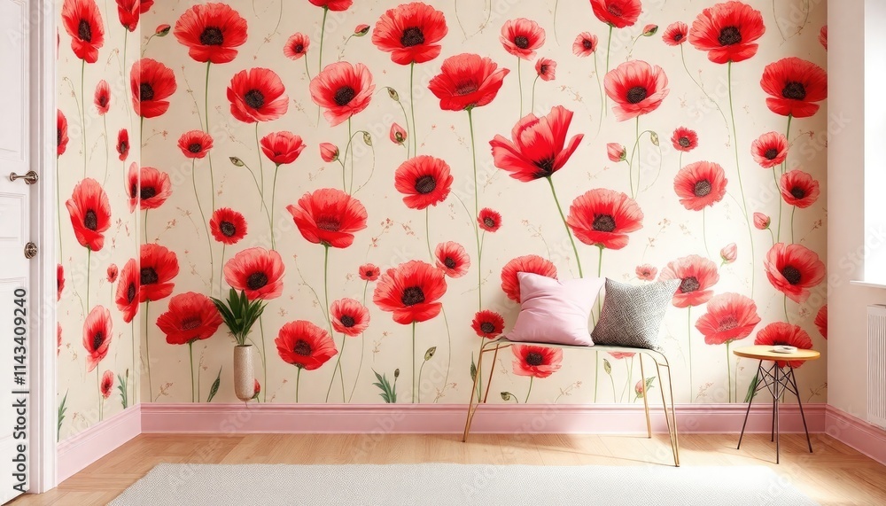 Poppies in Bloom Living Room Wallpaper with poppy flower patterns. The ...