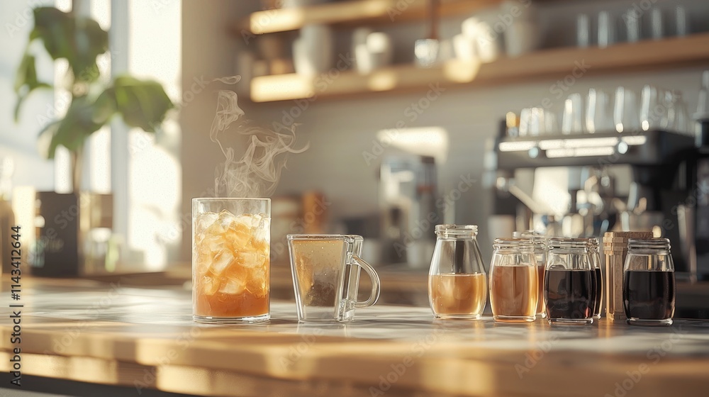 A serene cafe scene featuring a barista pouring cold brew coffee over ...